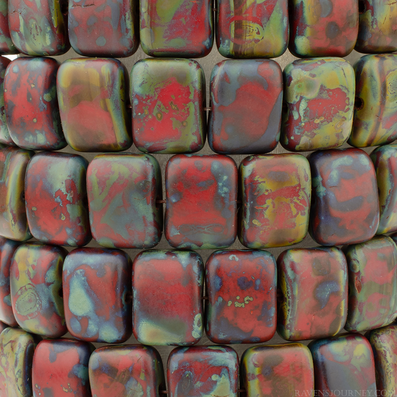 Short Hole Rectangle (12x8mm) Red Opaque Matte with Blue Picasso Finish ...