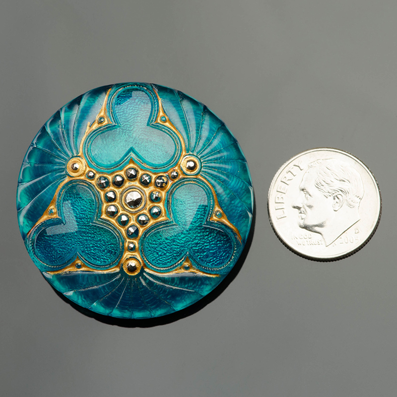 (36mm) Round Triple Clover Button Green Turquoise with Gold Wash and ...
